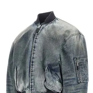 Balenciaga Used Effect" Denim Bomber Jacket - Blue