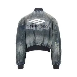 Balenciaga Used Effect" Denim Bomber Jacket - Blue