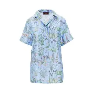 Gucci Floral Print Silk Twill Short Sleeve Shirt - Blue