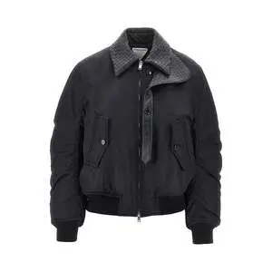 Bottega Veneta Padded Nylon Bomber Jacket With Intrecciato Leather Collar