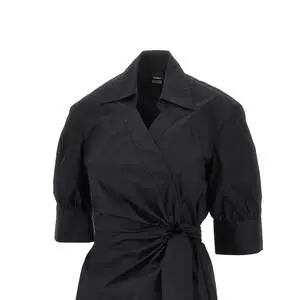 Pinko Stretch Cotton Wrap Midi Dress With Balloon Sleeves - Black