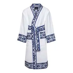 Dolce & Gabbana Cotton Terry Bathrobe With Blue Painted Effect Edging