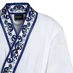Dolce & Gabbana Cotton Terry Bathrobe With Blue Painted Effect Edging