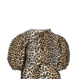 GANNI Leopard Print Puff Sleeve Blouse With Bow Detail