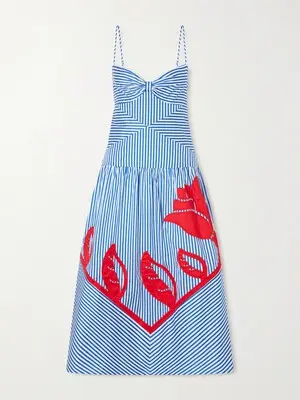 Farm Rio Sky Striped Embroidered Cotton Poplin Midi Dress - Blue
