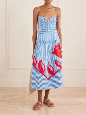 Farm Rio Sky Striped Embroidered Cotton Poplin Midi Dress - Blue