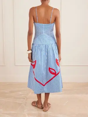 Farm Rio Sky Striped Embroidered Cotton Poplin Midi Dress - Blue