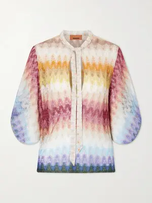 Missoni Tie-detailed Striped Crochet-knit Blouse - Blue