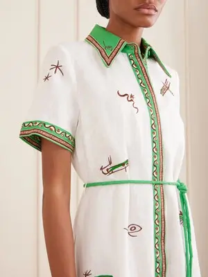 ALEMAIS Wanda Belted Embroidered Linen Midi Shirt Dress