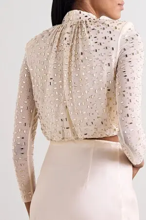 SELF-PORTRAIT Cropped Embellished Mesh Turtleneck Top