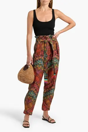 Farm Rio Belted Printed Cotton Tapered Pants