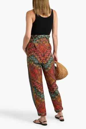 Farm Rio Belted Printed Cotton Tapered Pants