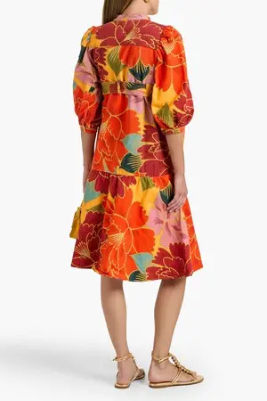 Farm Rio Belted Tiered Floral-print Denim Dress