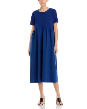 Eileen Fisher Short Sleeve Gathered Midi Dress - Deep Dive