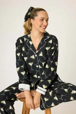 PJ Salvage Super-soft Cotton Merrier With A Martini 3-piece Flannel Pajama Set - Black