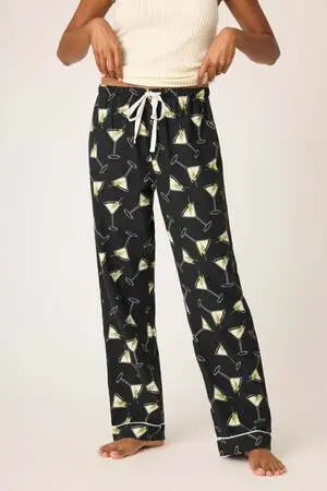 PJ Salvage Martini" Print Cotton Flannel Pants - Black