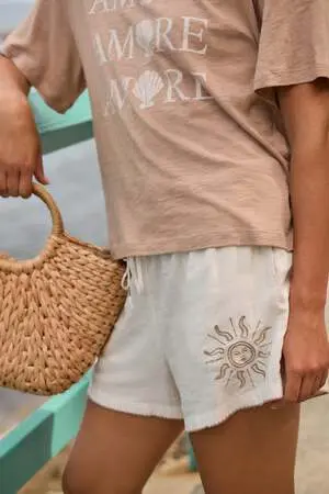 PJ Salvage Embroidered Linen Blend Shorts - Eggshell