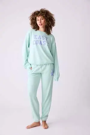 PJ Salvage Home Base East Coast Graphic Fleece Jogger Pajama Set - Mint Leaf