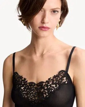 Saint Laurent Ribbed Silk Guipure Trim Tank Top