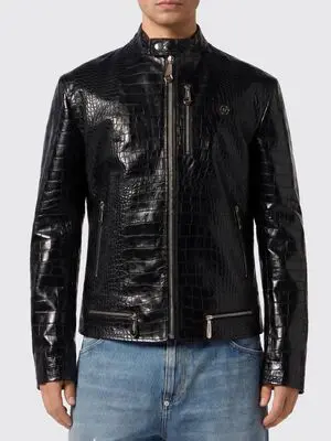 Philipp Plein Crocodile Print Leather Biker Jacket