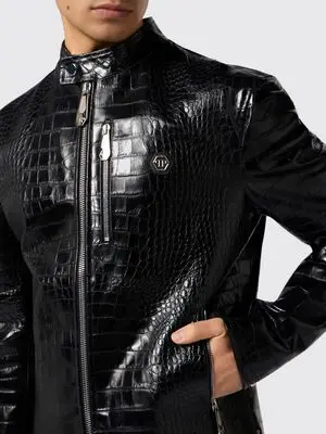 Philipp Plein Crocodile Print Leather Biker Jacket