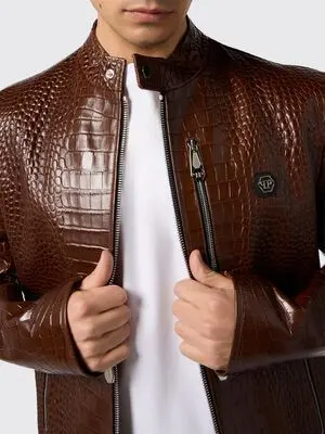 Philipp Plein Crocodile Print Leather Biker Jacket - Brown