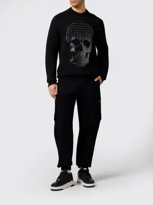 Philipp Plein Wool Crewneck Sweater With Rhinestone Skull Embellishment