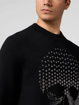 Philipp Plein Wool Crewneck Sweater With Rhinestone Skull Embellishment