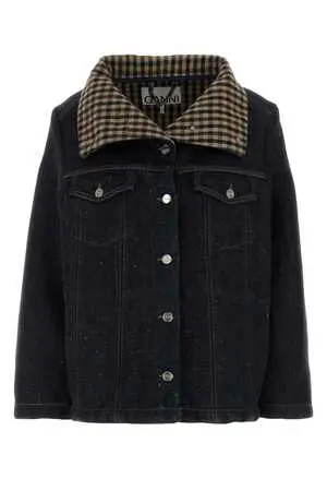 GANNI Denim Jacket With Checked Collar - Blue