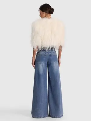 Alice + Olivia Kidman Feathered Cropped Jacket - Ecru