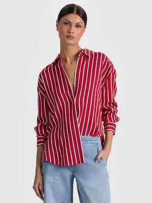 Alice + Olivia Dimitra Oversized Striped Button-down Shirt - Teakwood Chili Pepper