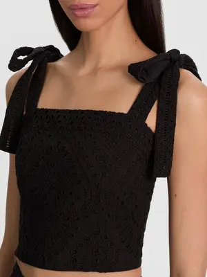 Alice + Olivia Marinda Embroidered Cropped Top With Tie Shoulders