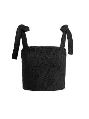 Alice + Olivia Marinda Embroidered Cropped Top With Tie Shoulders