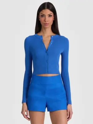 Alice + Olivia Carson Ribbed Knit Cropped Cardigan - Blue Iris
