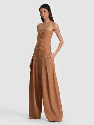 Alice + Olivia Blaire Pleated Linen Wide Leg Trousers - Tan