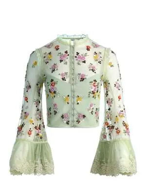 Alice + Olivia Allegra Embellished Ruffle Sleeve Cropped Top