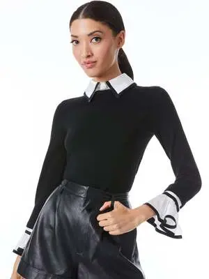 Alice + Olivia Justina Collared Sweater With Ruffled Sleeves