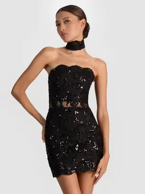 Alice + Olivia Georgie Embellished Lace Mini Dress With Choker
