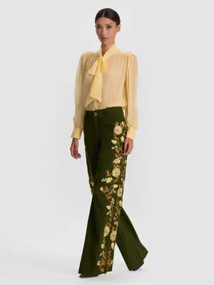 Alice + Olivia Wide Leg Embroidered Pants - Dark Olive/multi