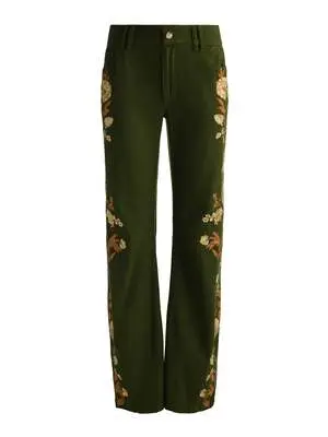 Alice + Olivia Wide Leg Embroidered Pants - Dark Olive/multi