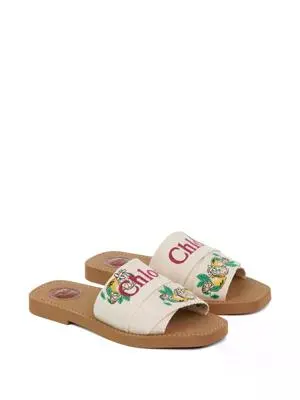 Chloé Woody Embroidered Logo Slides - Neutrals