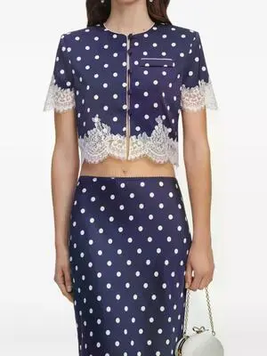 SELF-PORTRAIT Polka-dot Lace Trim Cropped Top - Blue