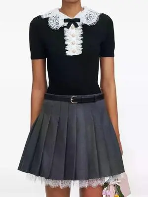 SELF-PORTRAIT Lace-trimmed Wool Blouse - Grey
