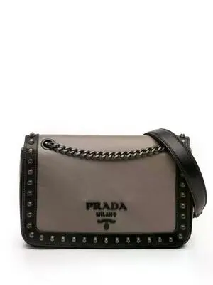 Prada Bicolor Glace Calfskin Studded Crossbody Bag - Brown