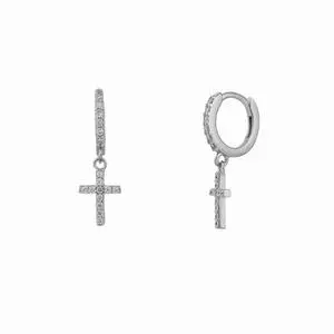 SPERO LONDON Sterling Pave Cross Drop Huggie Earrings - Silver