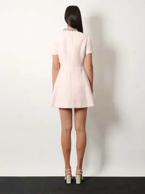 Valentino Garavani Crinkle Cotton Tweed Mini Dress With Embellished Neckline - Pink