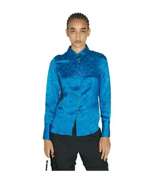 SONG FOR THE MUTE Floral Embroidered Crinkle Fitted Shirt - Blue