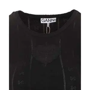 GANNI Compact Pointelle T-shirt With Embroidered Logo - Black