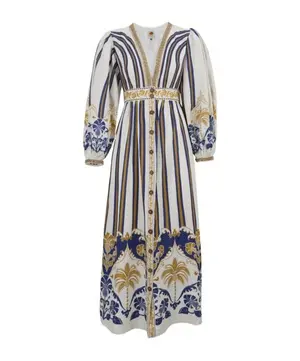 Farm Rio V-neck Maxi Dress With Graphic Print And Striped Pattern