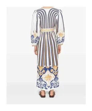 Farm Rio V-neck Maxi Dress With Graphic Print And Striped Pattern